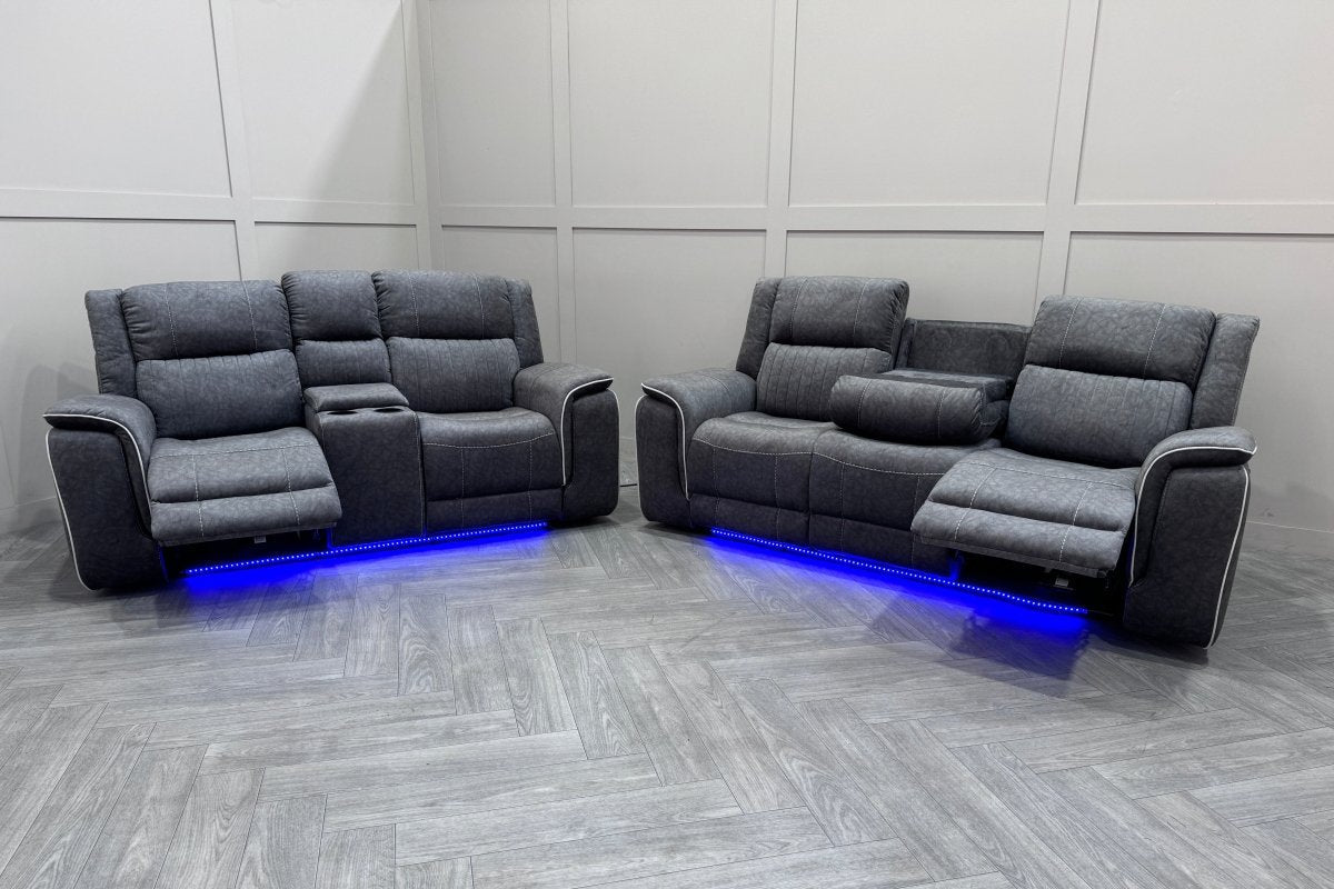 Neon Express Power Reclining 3 + 2 Sofas, Silver – Heatons Furniture Outlet