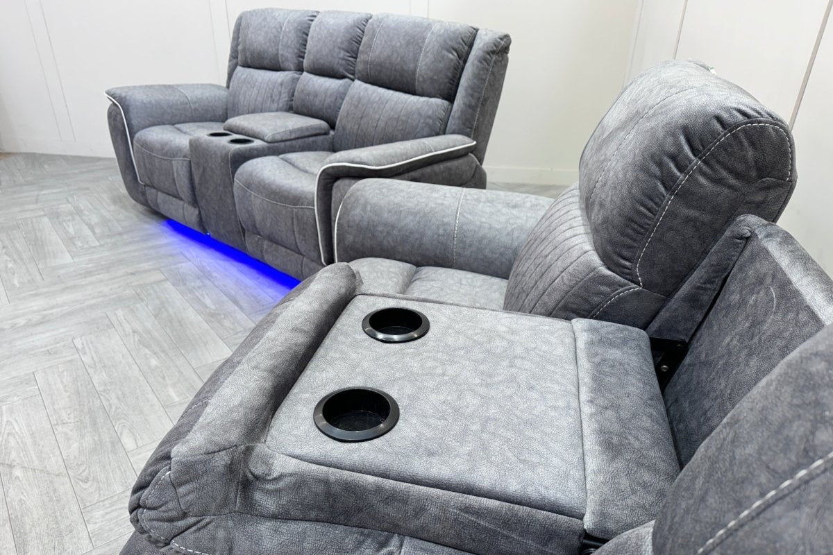 Neon Express Power Reclining 3 + 2 Sofas, Silver – Heatons Furniture Outlet